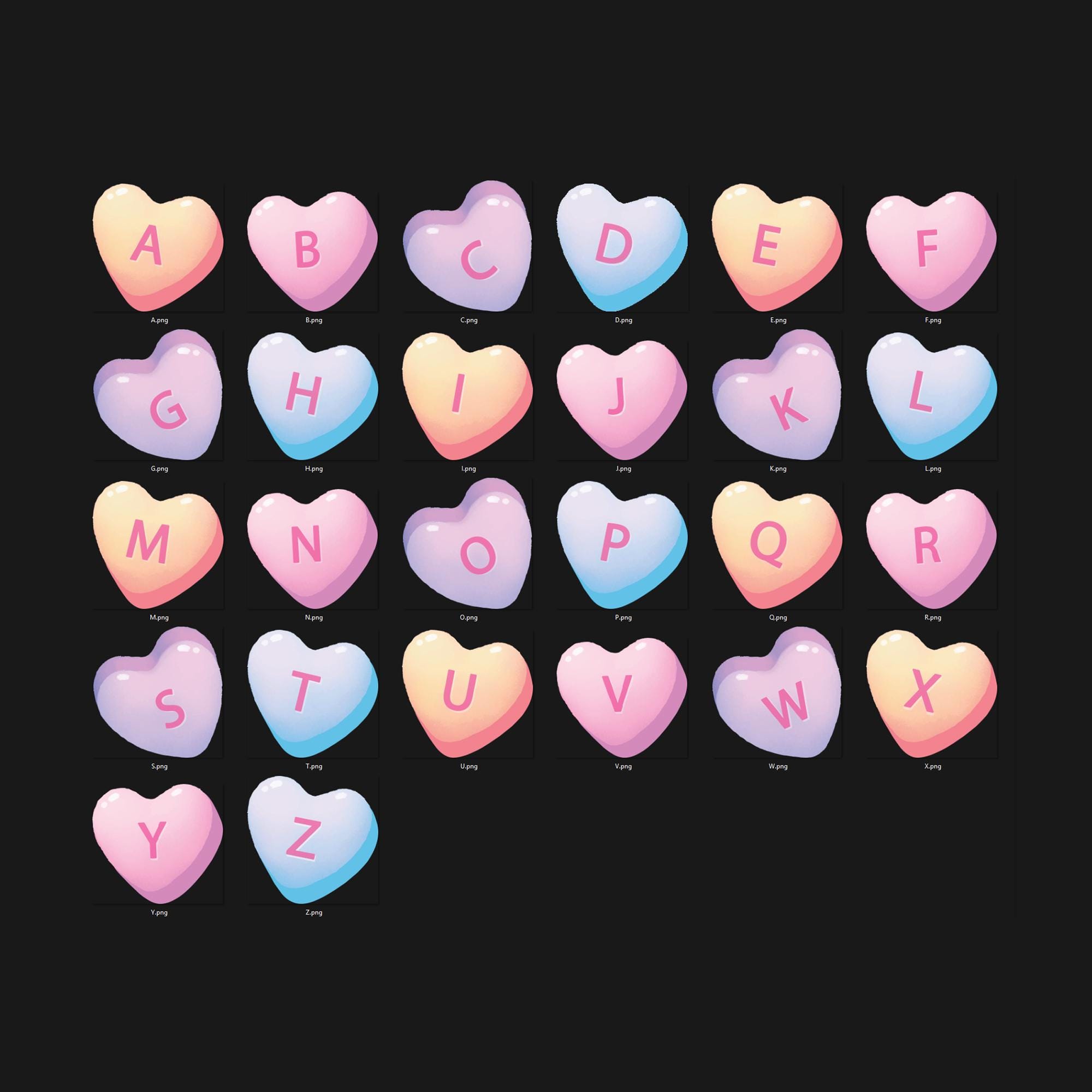 Candy Hearts Alphabet Clipart – Pastel A–Z Letter Conversation Hearts ...