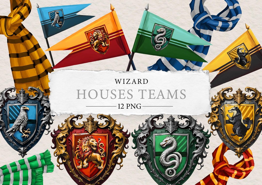 Wizard Houses Teams Clipart | PNG Crests Scarves Flags | Watercolor Red ...