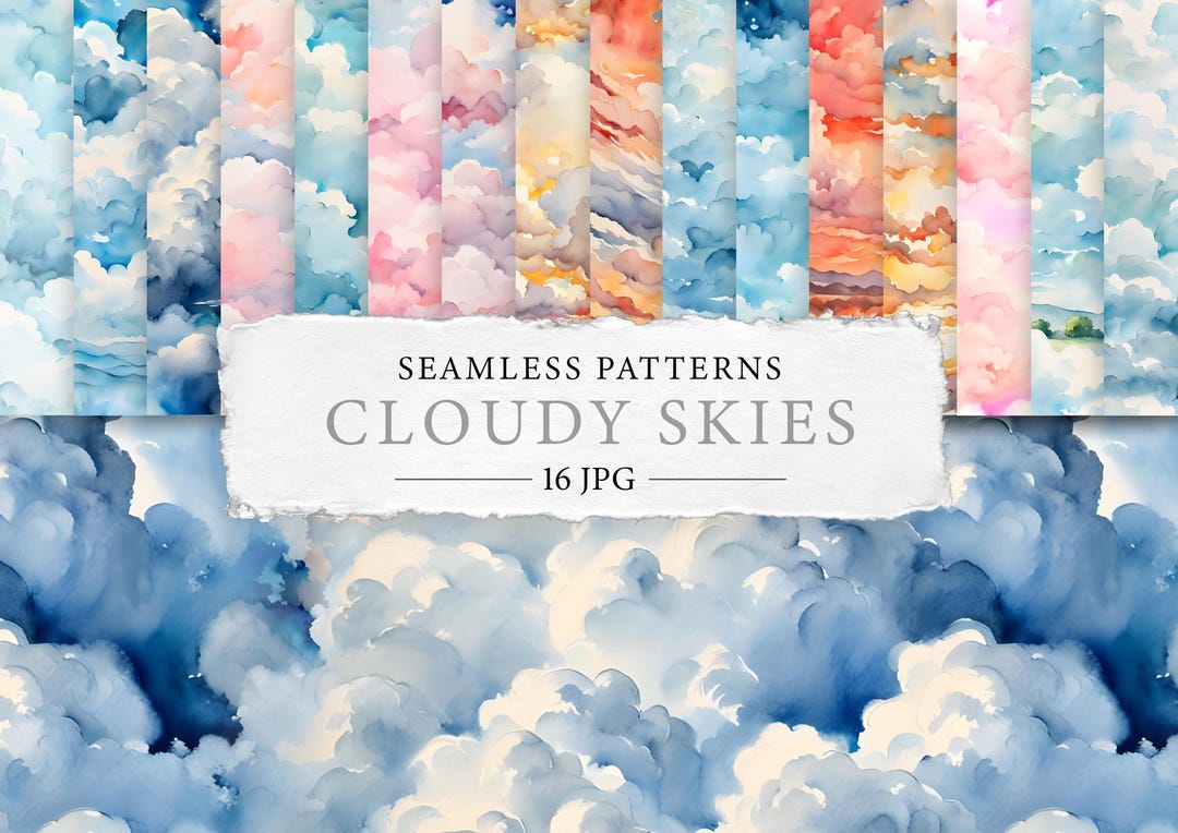 Cloudy Skies Seamless Patterns: Watercolor Sky Clipart (digital ...