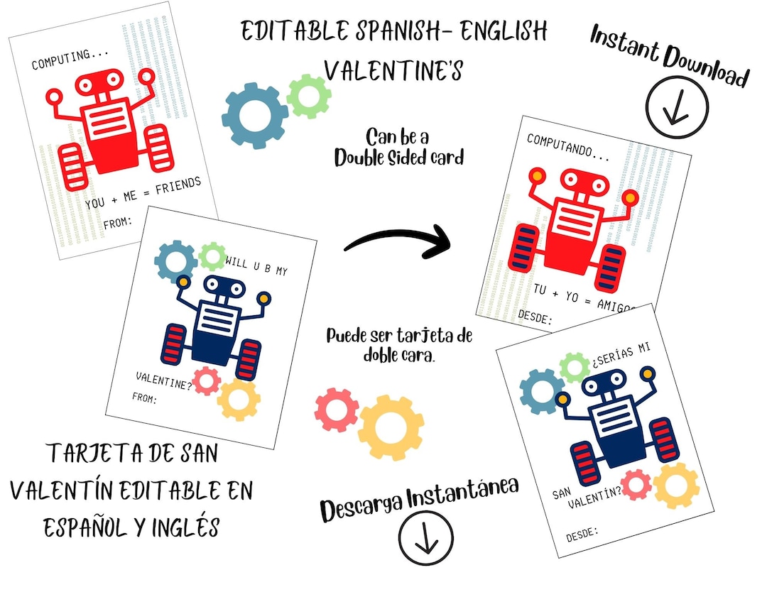Editable Robot Bilingual ( Spanish- English) Valentine's Day Card ...