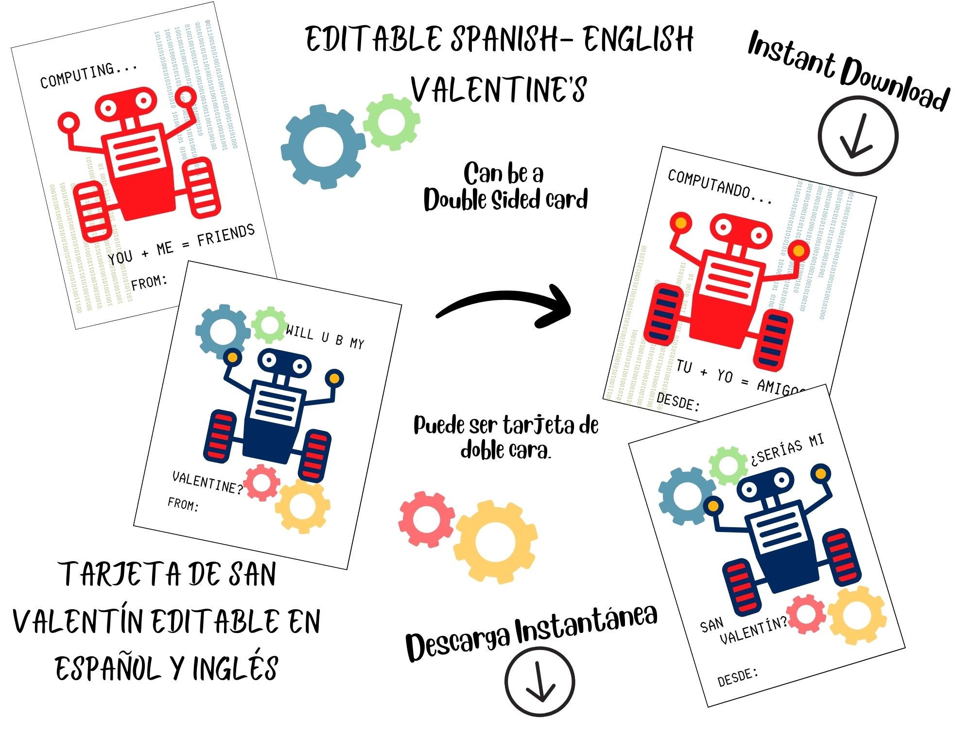 Editable Robot Bilingual ( Spanish- English) Valentine's Day Card ...
