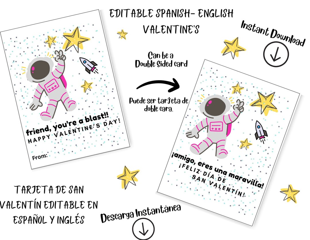 Editable Bilingual ( Spanish- English) Valentine's Day Card, Astronauts ...