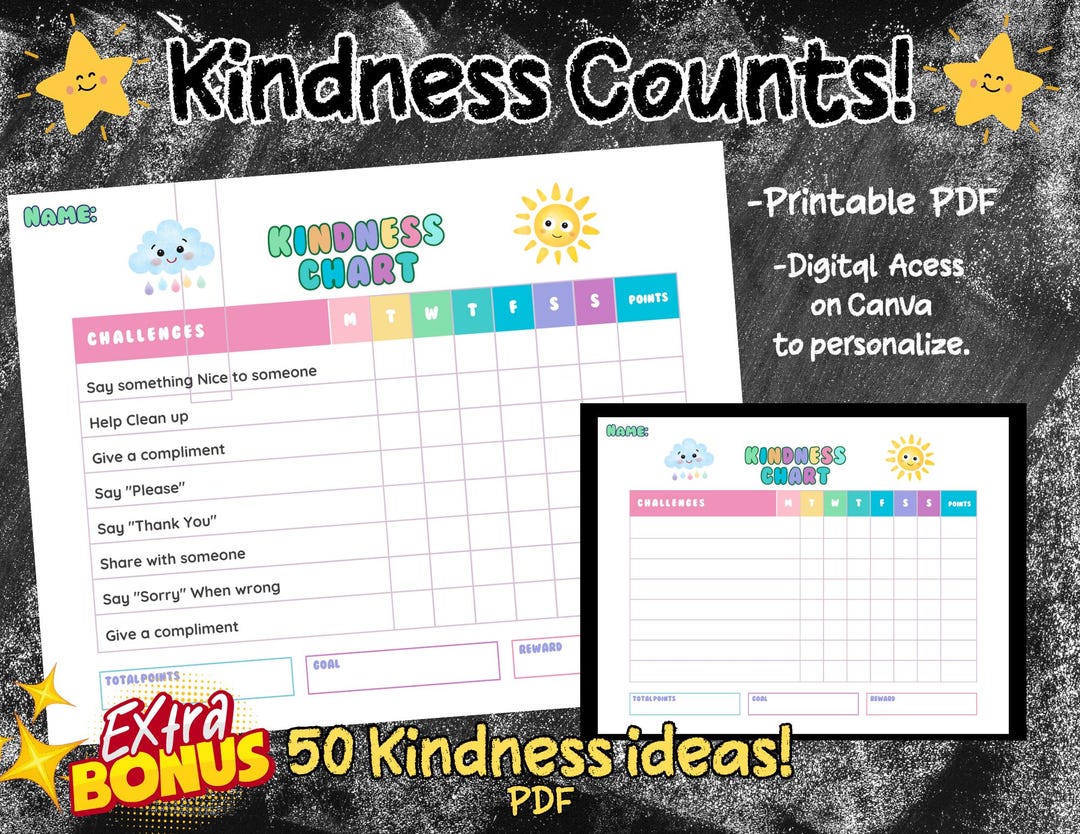 Kindness Chores, Printable Kindness Chart for Kids, Digital Editable ...