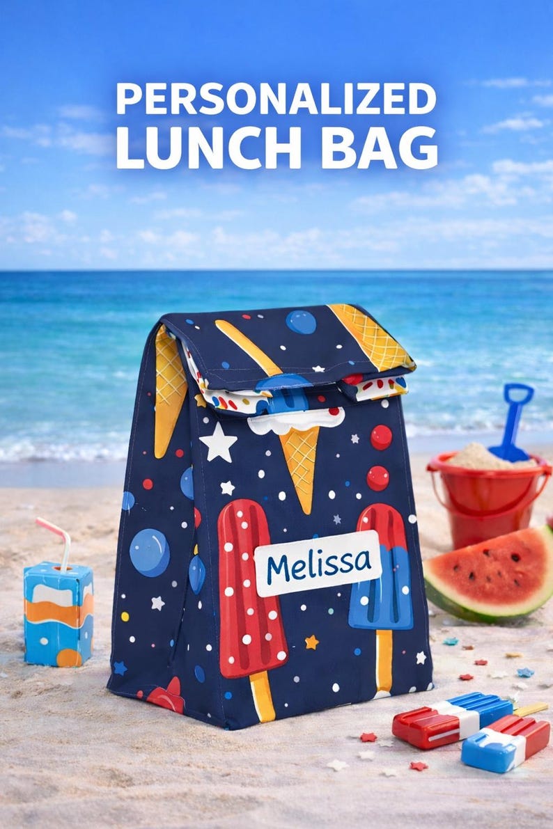 Red White & Blue Popsicles Kids Lunch Bag, Magnetic Roll Top Lunch Bag ...