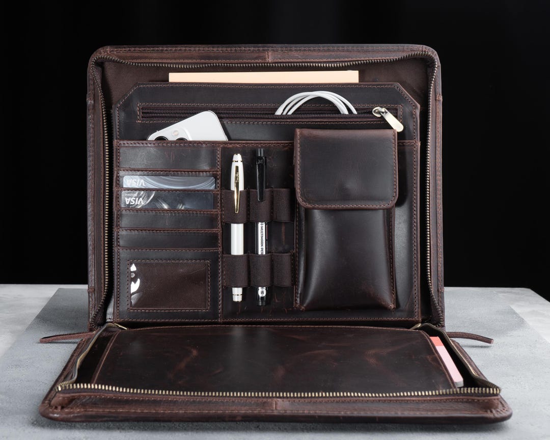 Monogrammed Leather Portfolio Briefcase, Corporate Gift With Zipper ...
