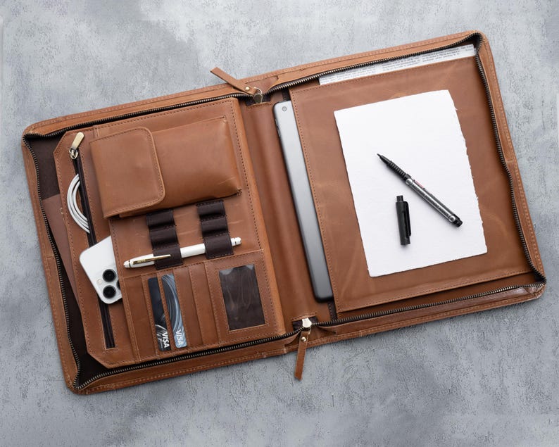 Sophisticated Leather Portfolio With Secure Zipper, Professional Gift ...