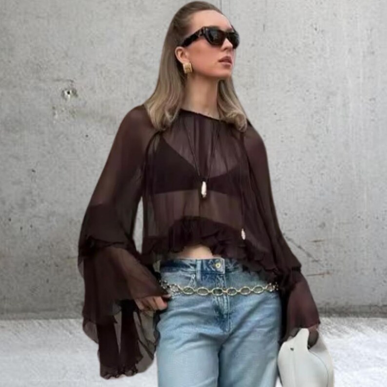 Pleated Sheer Mesh Long-sleeve Blouse With Flared Sleeves Boho Chic ...