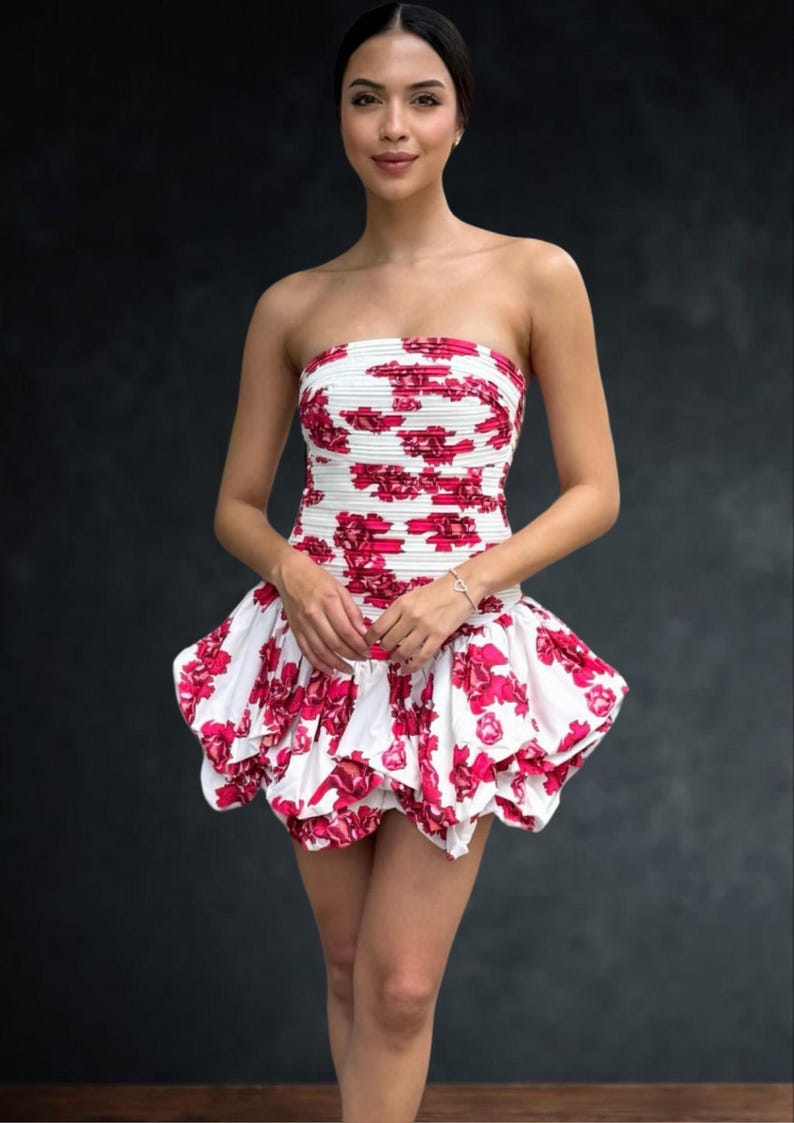 Floral Balloon Mini Dress for Women, Asymmetrical Hem Summer Dress ...