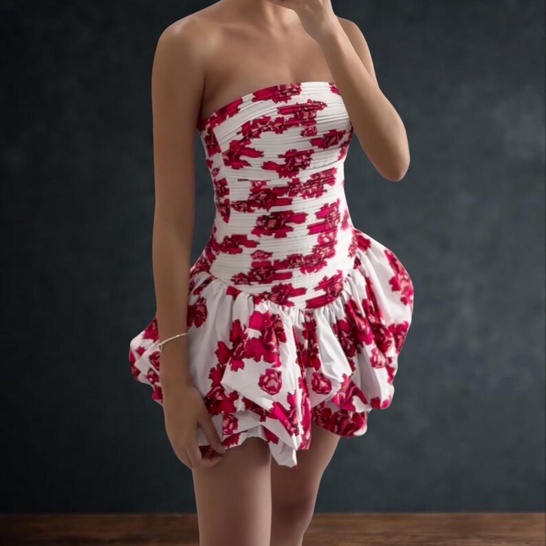 Floral Balloon Mini Dress for Women, Asymmetrical Hem Summer Dress ...