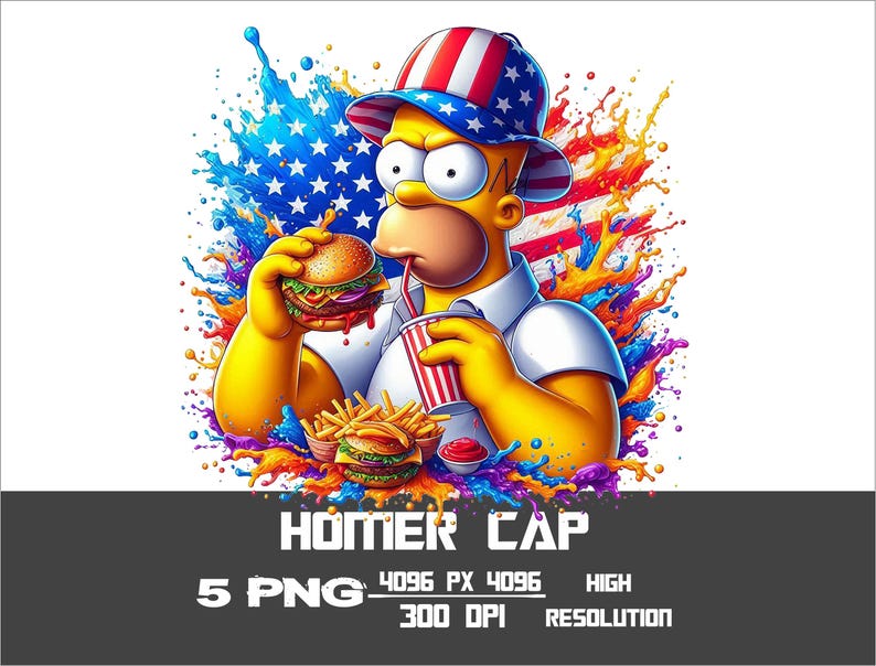 Homer Simpson Cap Set of 5 PNG Watercolor Splash Png Digital Images for ...