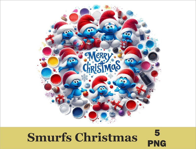 Set of 5 PNG Watercolor Splash Smurfs Christmas Png Digital Images for ...