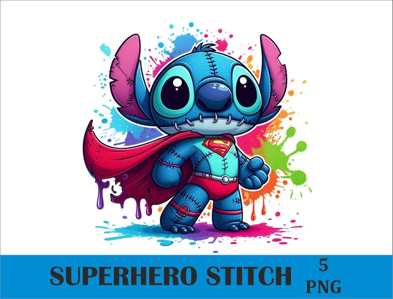 Set of 5 PNG Watercolor Splash SUPERHERO STITCH Png Digital Images for ...