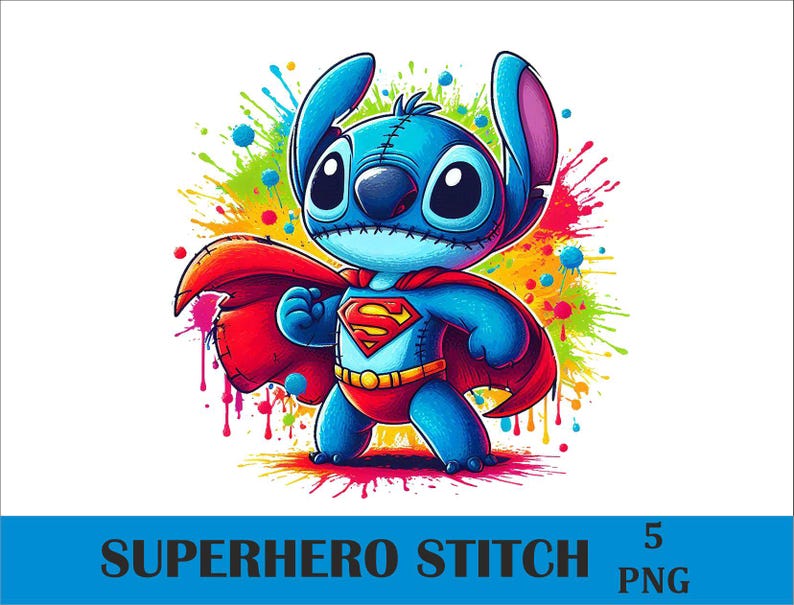 Set of 5 PNG Watercolor Splash SUPERHERO STITCH Png Digital Images for ...
