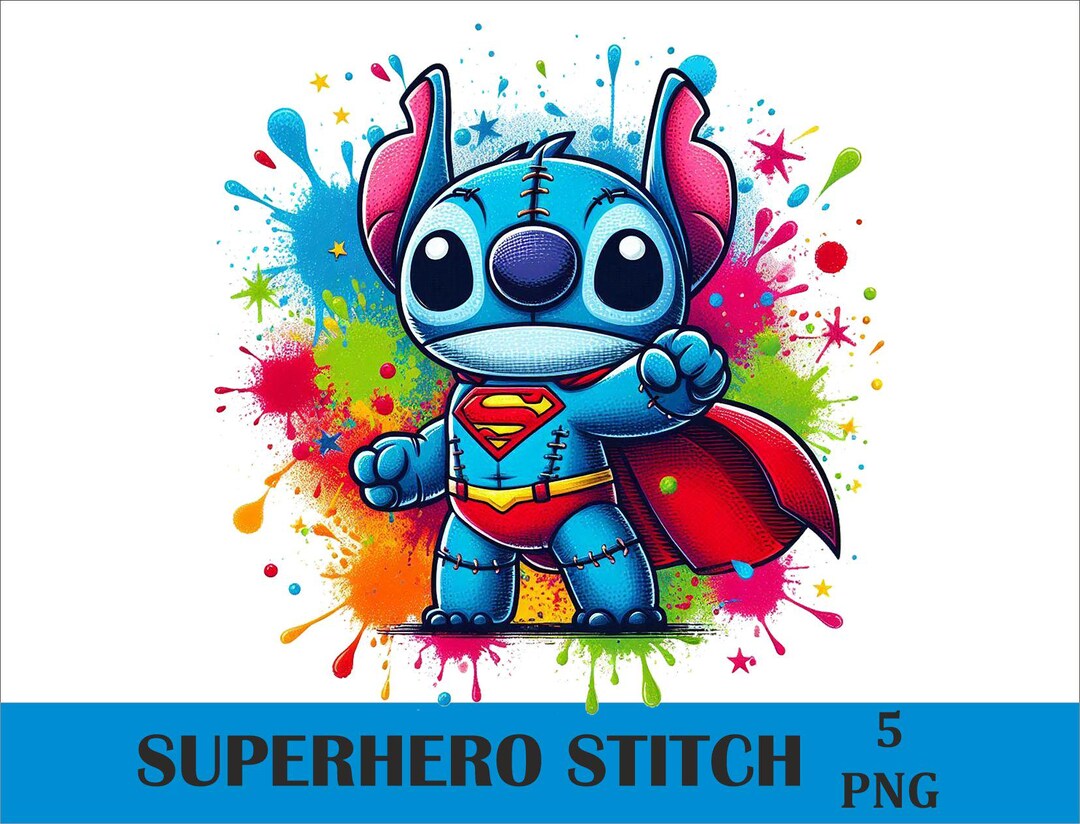Set of 5 PNG Watercolor Splash SUPERHERO STITCH Png Digital Images for ...
