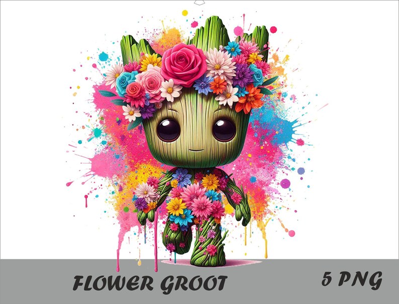Set of 5 PNG Watercolor Splash Flower Groot Png Digital Images for ...