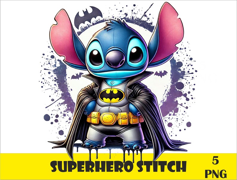 Set of 5 PNG Watercolor Splash SUPERHERO STITCH Png Digital Images for ...