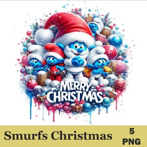 Set of 5 PNG Watercolor Splash Smurfs Christmas Png Digital Images for ...