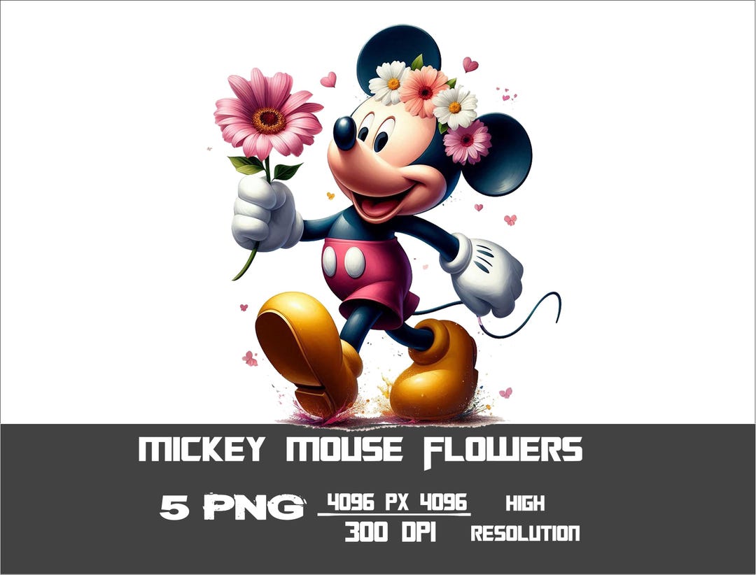 Mickey Mouse Flowers Set of 5 PNG Watercolor Splash Png Digital Images ...