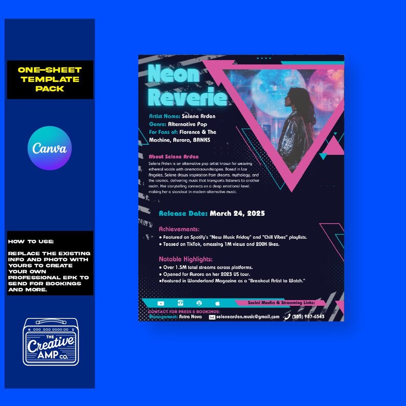 Editable Music Artist One-sheet Template | Neon Reverie Style for ...