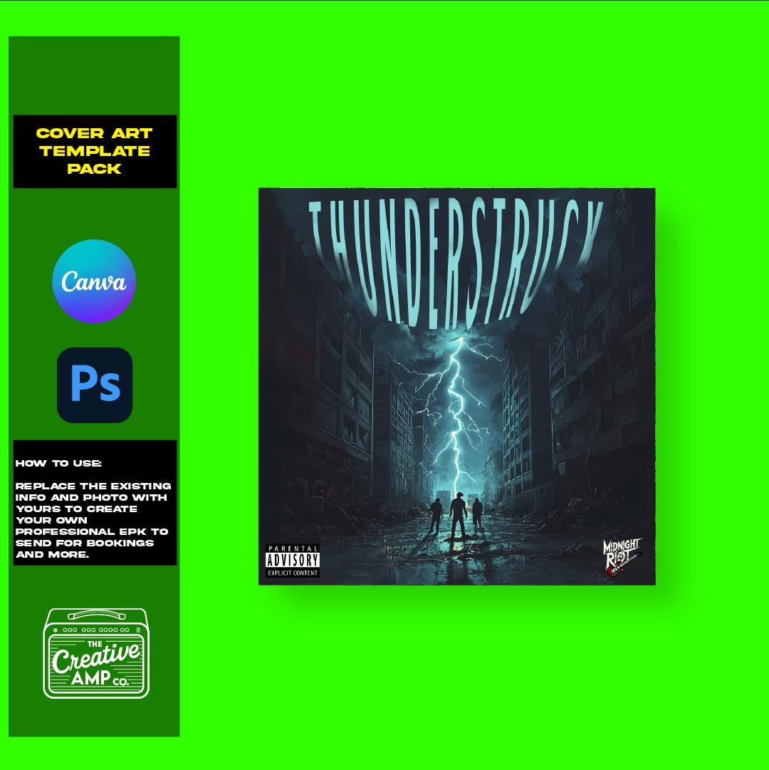 Thunderstruck Rock Album Cover Template | Editable PSD & Canva | Gritty ...