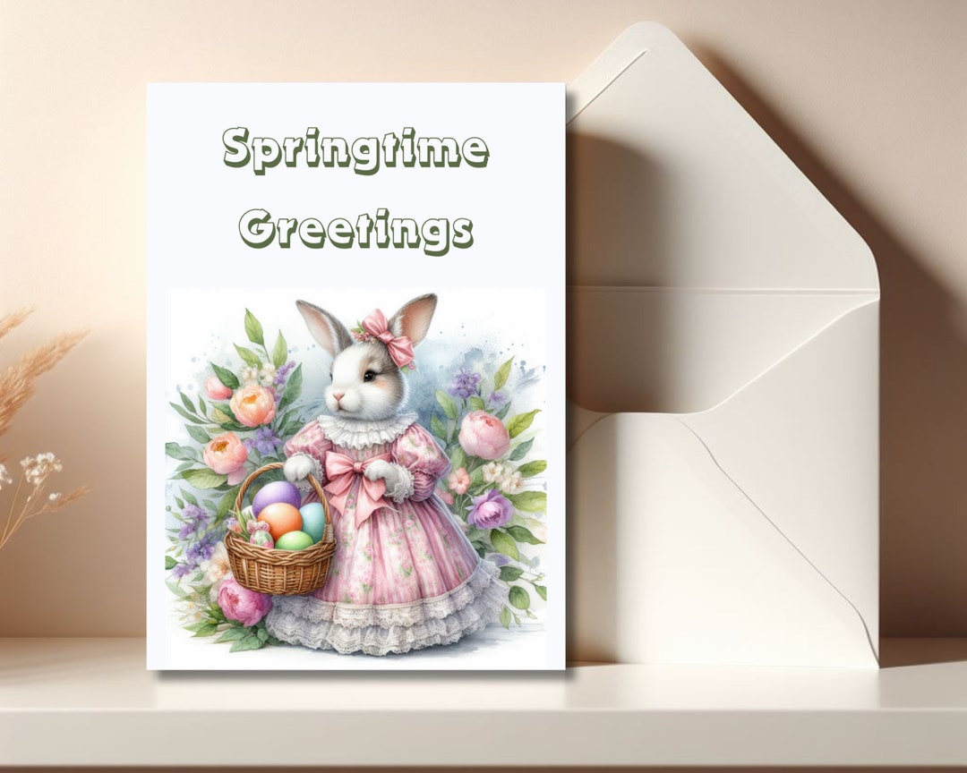 Printable Vintage Easter Bunny Card, Easter Bunny With Eggs Basket ...