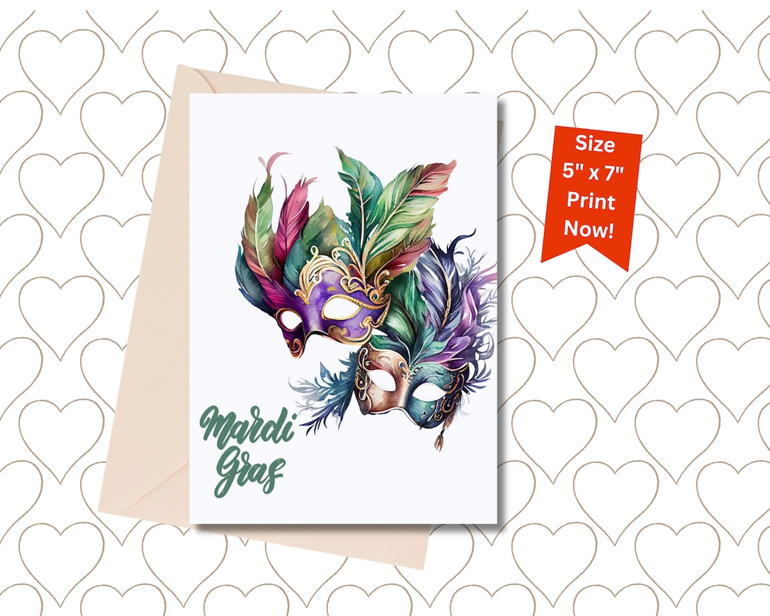 Printable Mardi Gras Watcolor Masks Card, Detailed Mardi Gras Mask 5 X ...