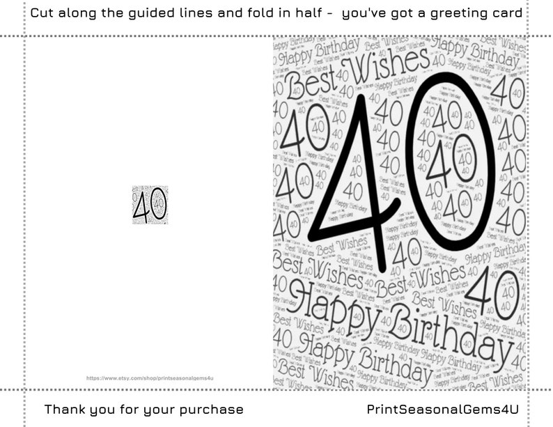 40th Birthday Card, Printable Birthday Card, Milestone Card, 40th ...