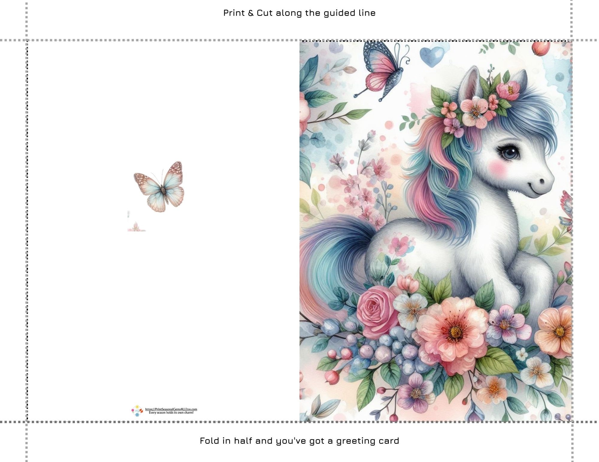 Colorful Pony Printable Note Card Pony and Flowers Stationary Greeting ...