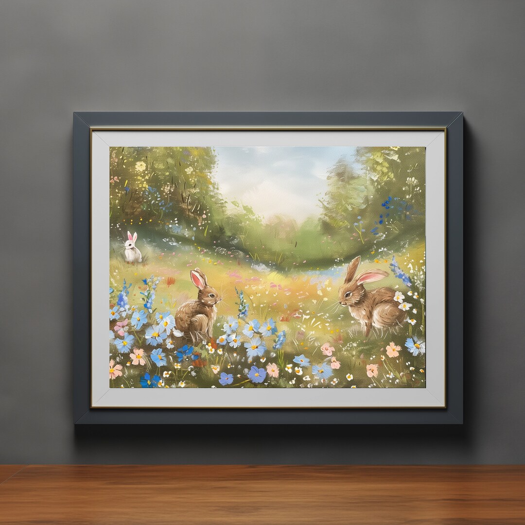 Printable Bunnies in Wildflower Field Version 2 Landscape Oil Painting ...