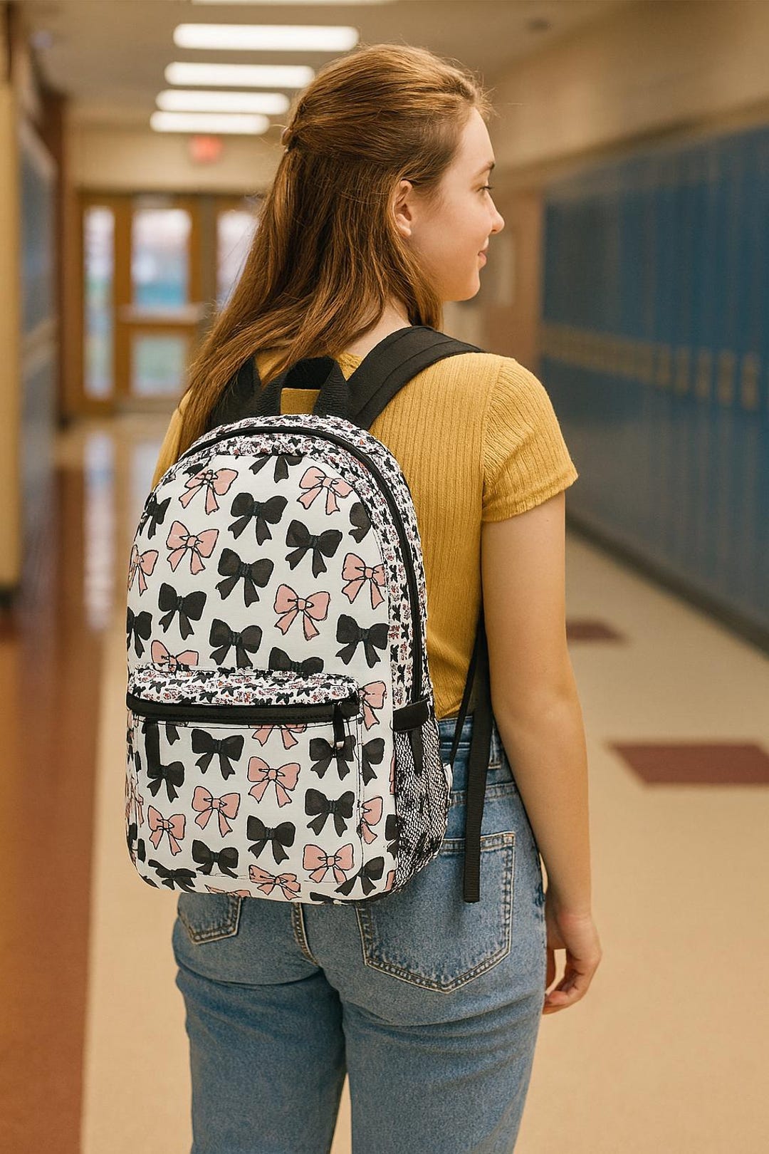 Back to School Bows Backpack for Girls, Pink and Black Bow Print School ...