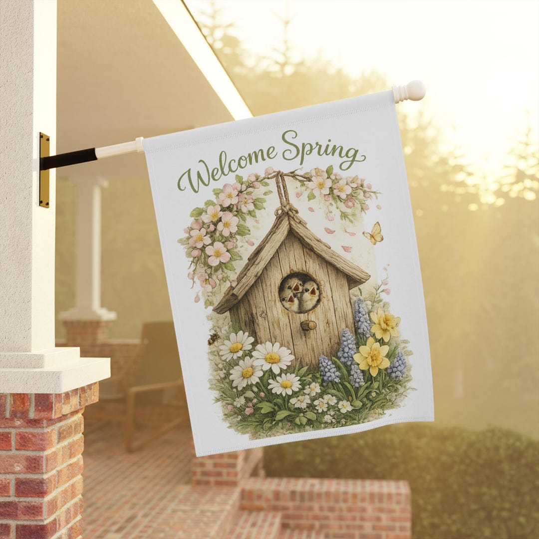 Spring Garden Flag Welcome Spring Birdhouse Floral Cottage Yard Decor ...