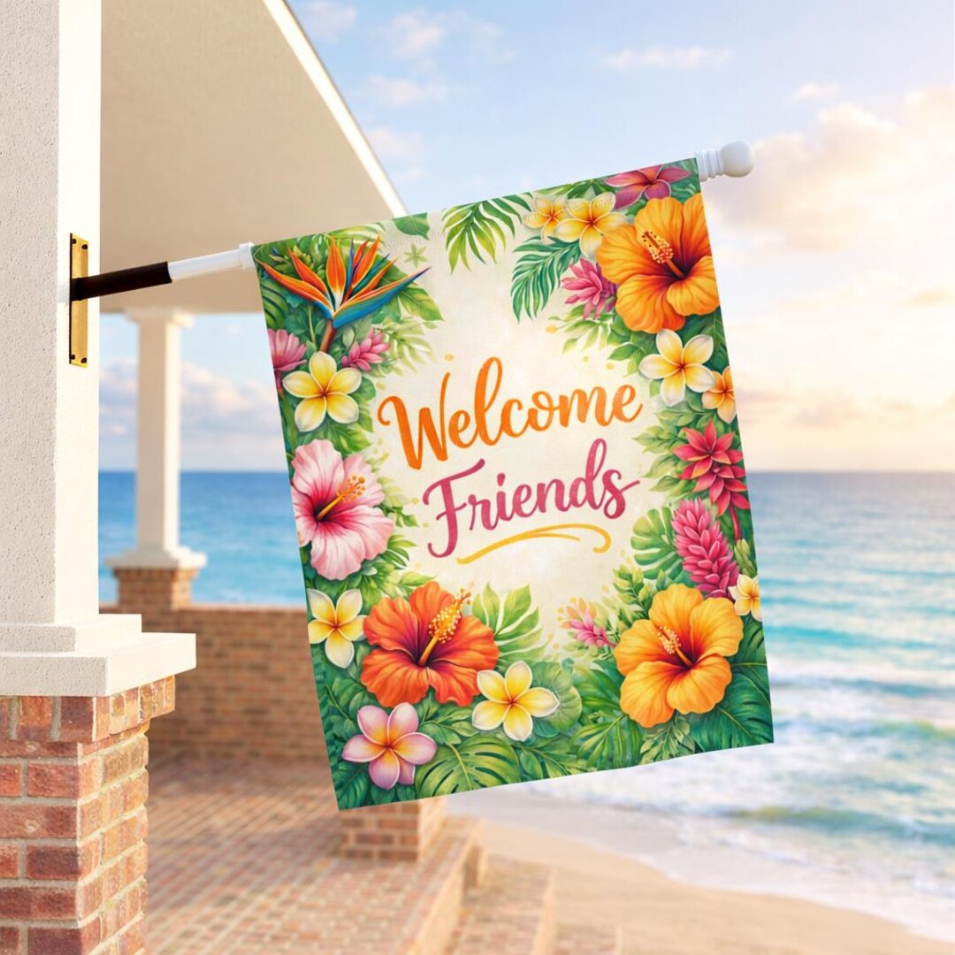 Tropical Welcome Garden Flag Coastal Ocean View Porch Decor Hibiscus ...