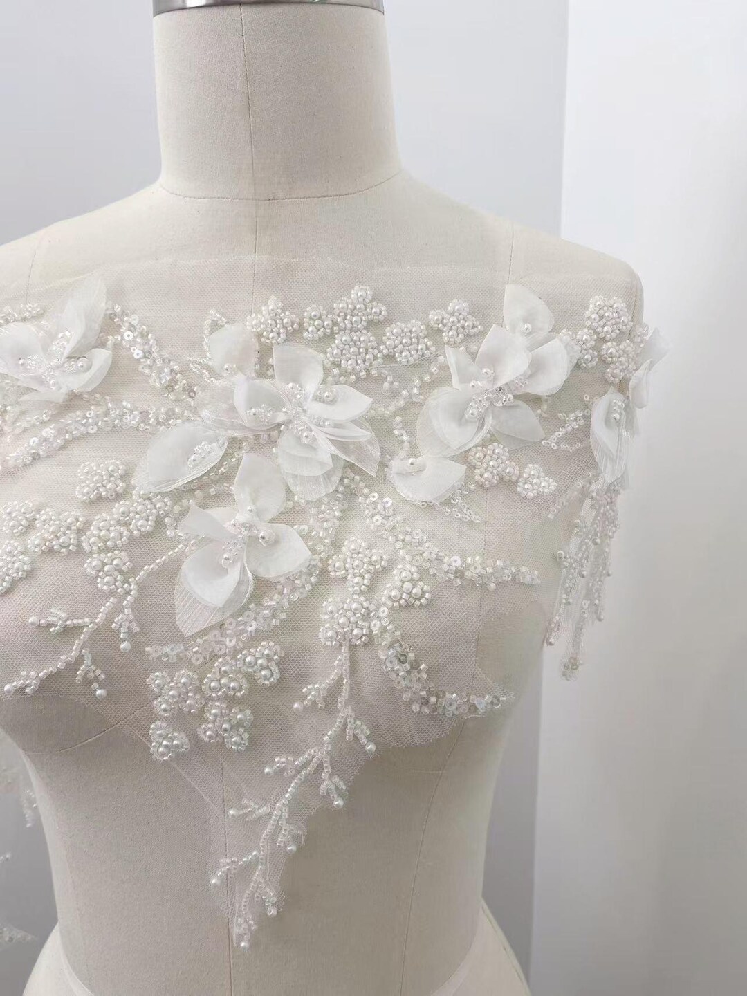 Luxury Beaded Bridal Lace Trims With 3D Flowers, White Organza Floral ...