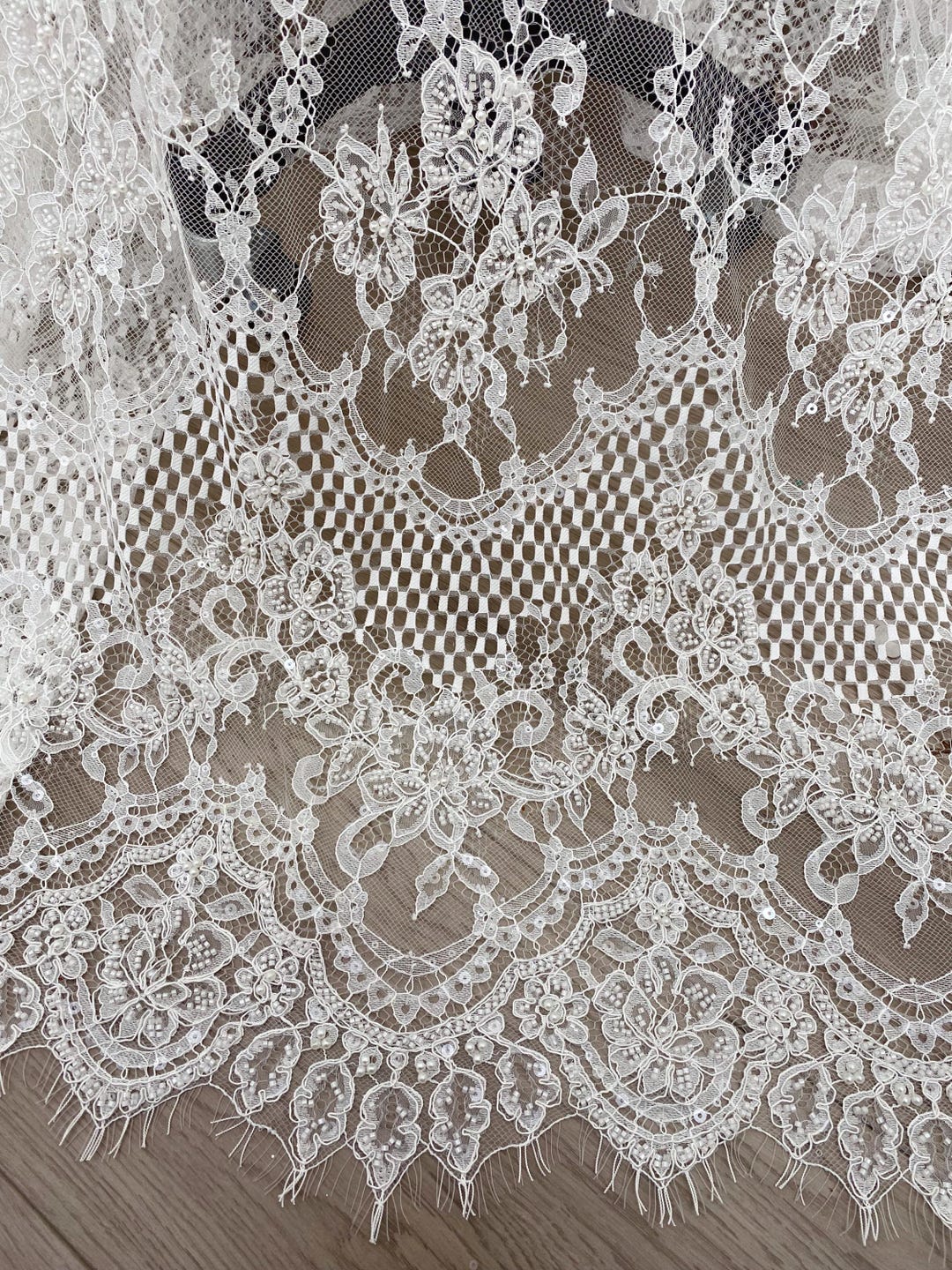 3 Meters White Bead Chantilly Lace Fabric With Pearls for Wedding Dress ...