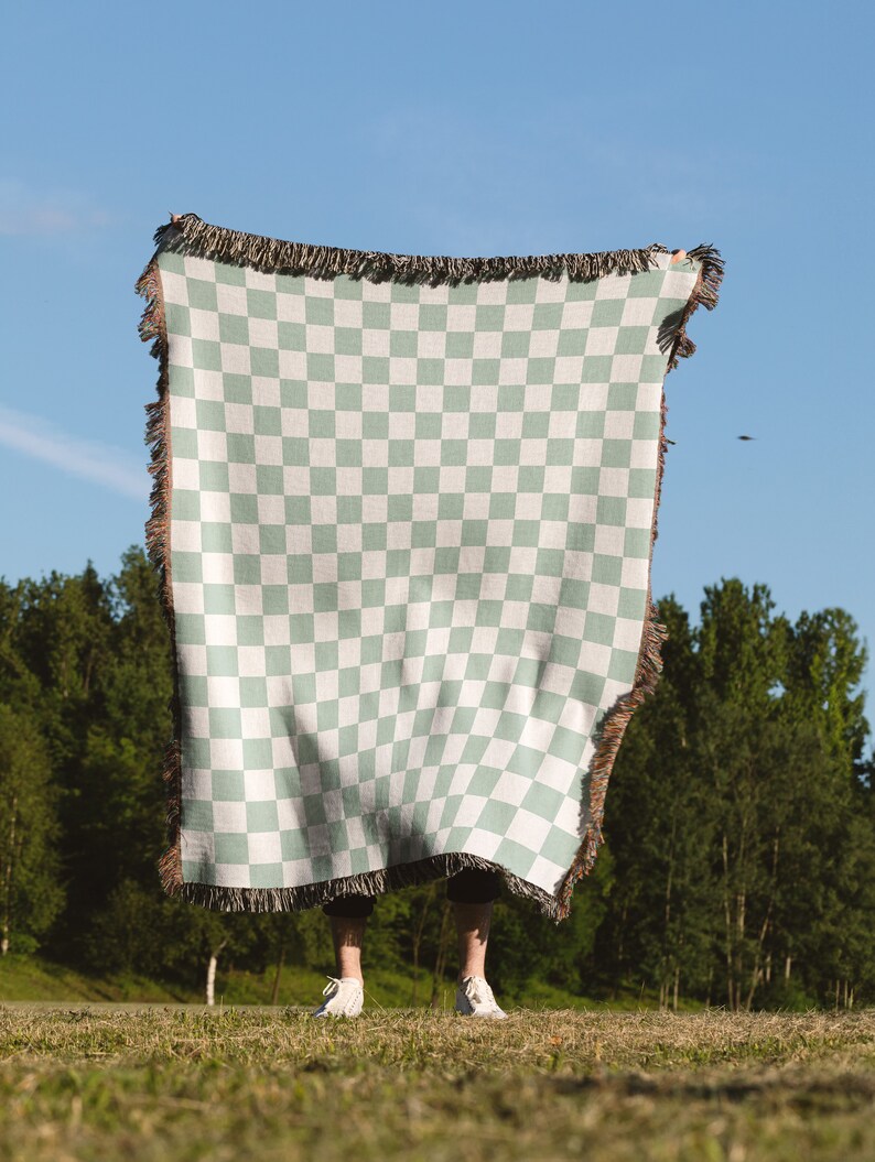 Mint Green Checkered Hand Woven Blanket, Tapestry Throw Picnic Blanket ...