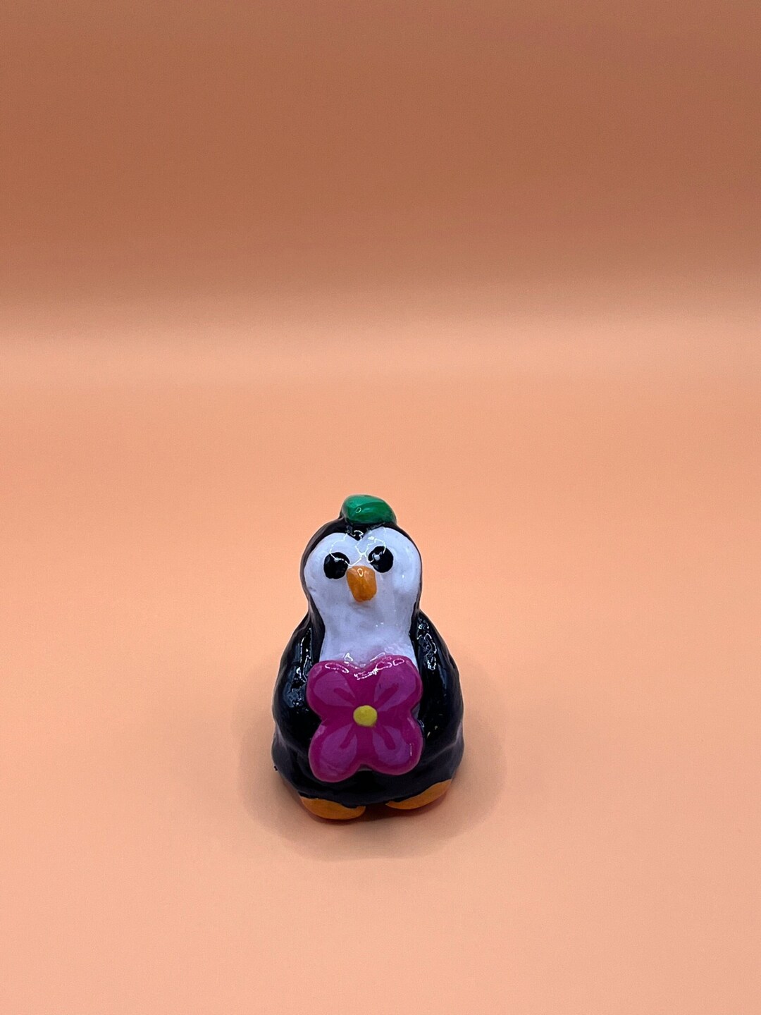 Handmade Mini Clay Penguin Figurine, Pink Flower Penguin, Leaf Hat - Etsy