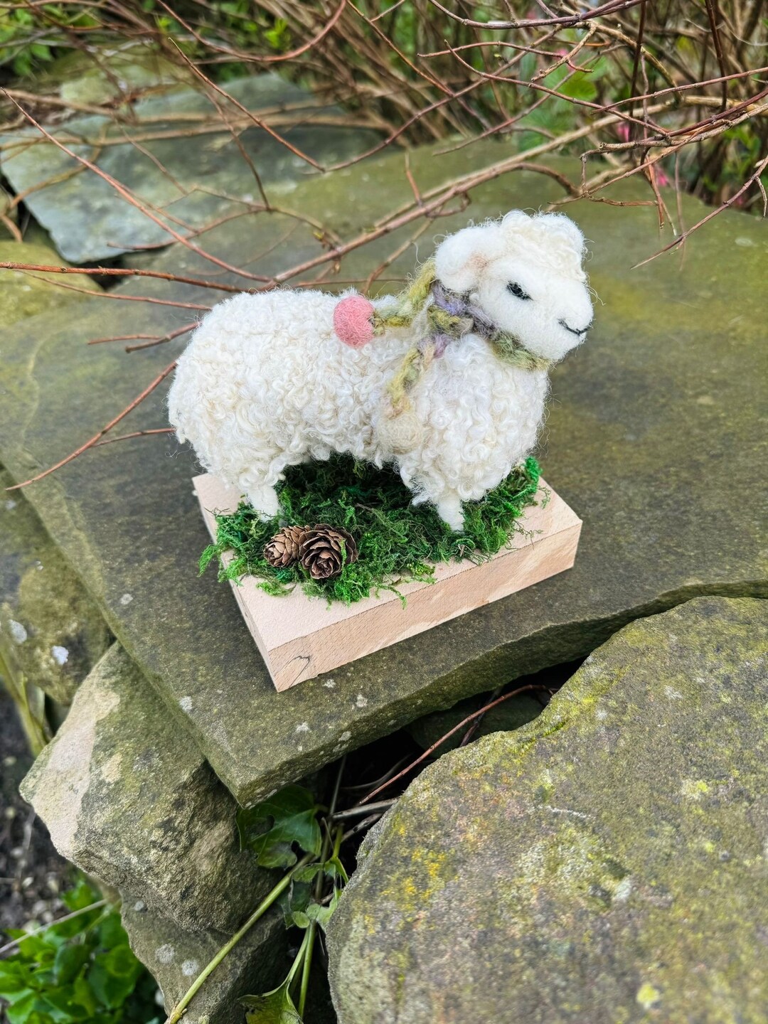 Handcrafted Needle Felted Sheep on Log Slice | Adorable Wool Sheep ...