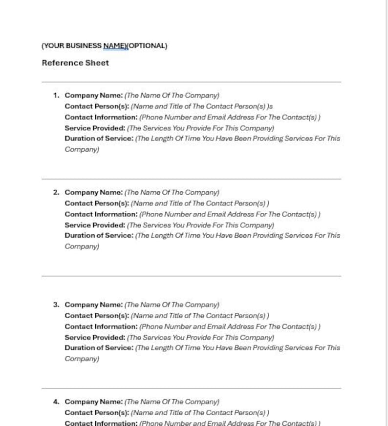 REFERENCE SHEET Template (WORD Doc.) - Etsy