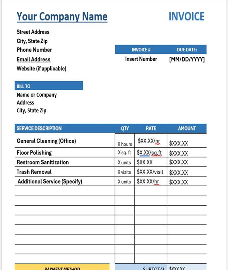 JANITORIAL/CLEANING Services Invoice Template (WORD Doc) - Etsy