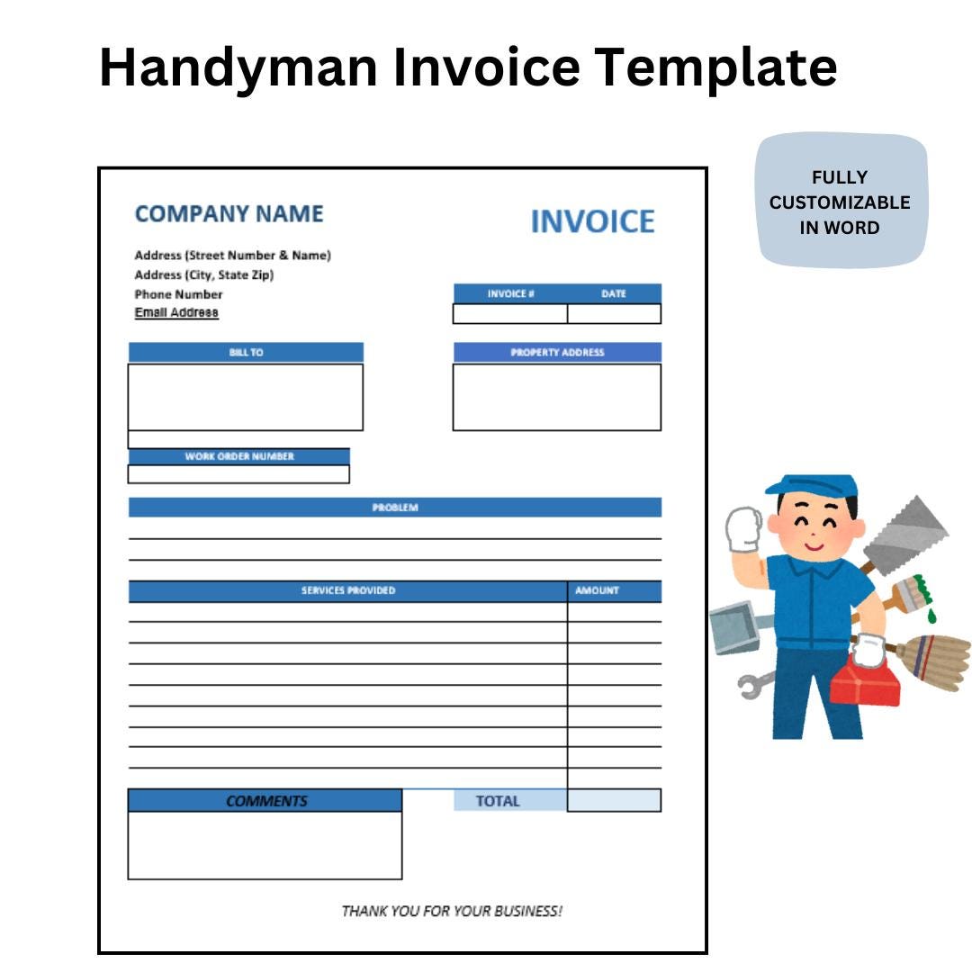 Handyman Invoice Template (WORD DOC.) - Etsy