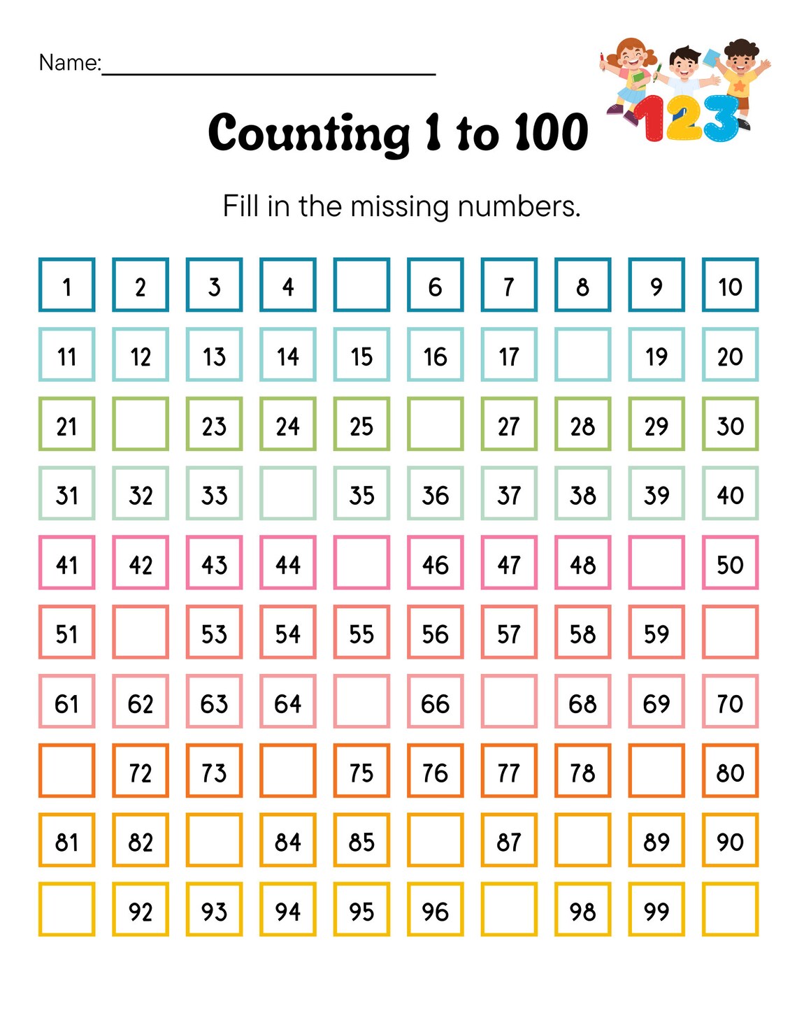 Counting 1 to 100 Math Worksheet fill in the Missing Number PDF File - Etsy
