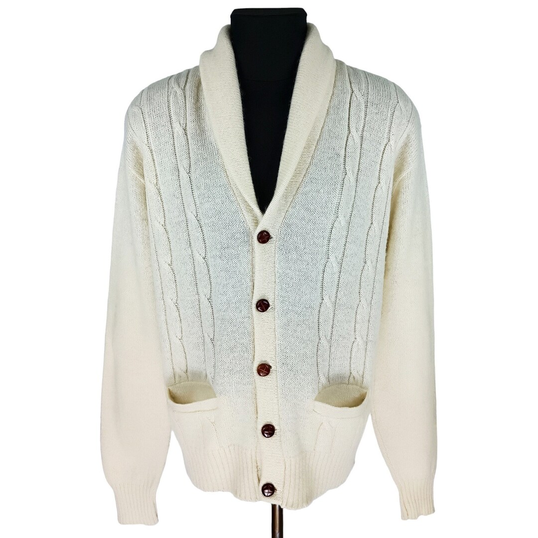 Vintage Robert Bruce Mens Ivory Wool Blend Cable-knit Pockets Button ...