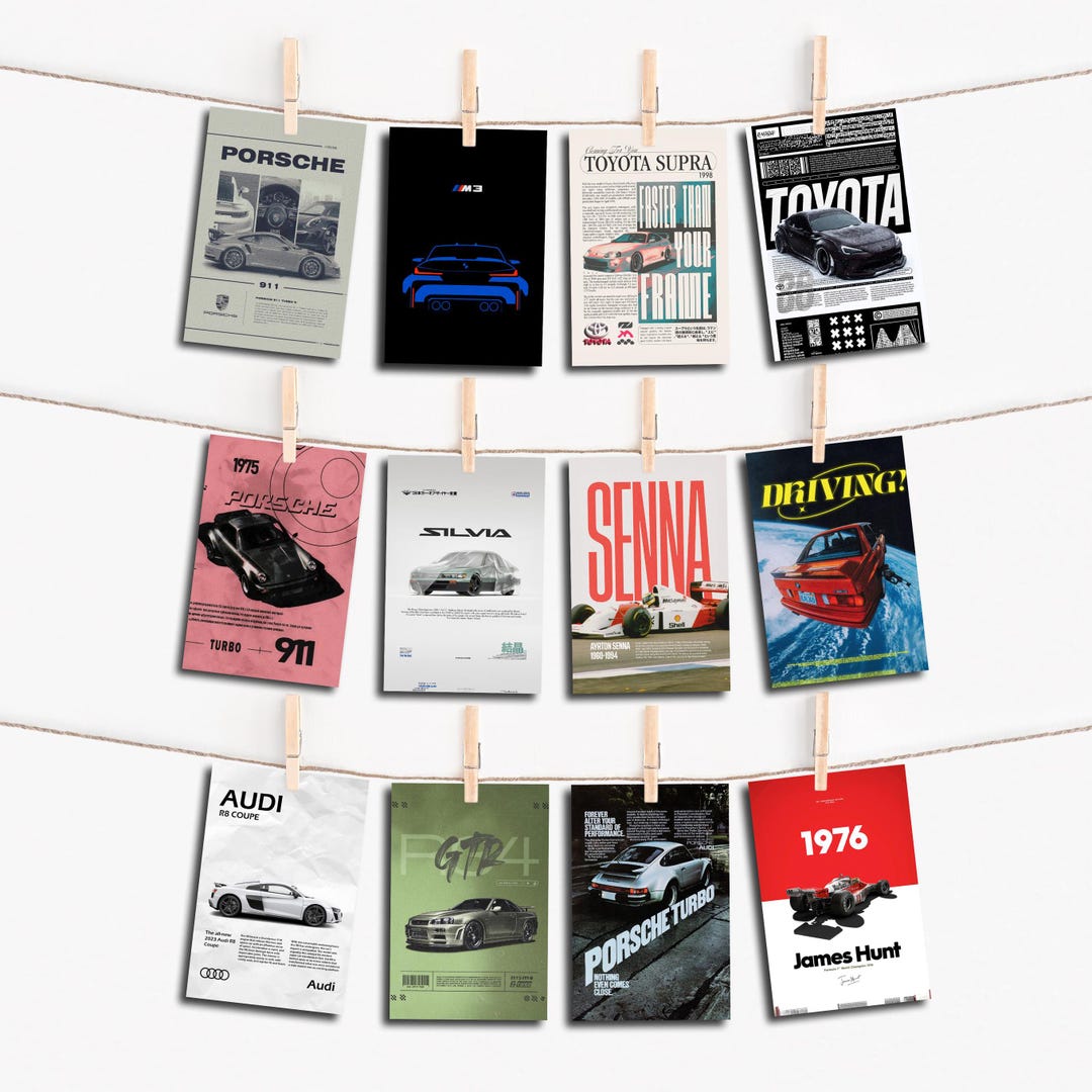 50 Car Posters Collage 4x6 Inch Wall Art Set Classic & Sports Car Decor ...