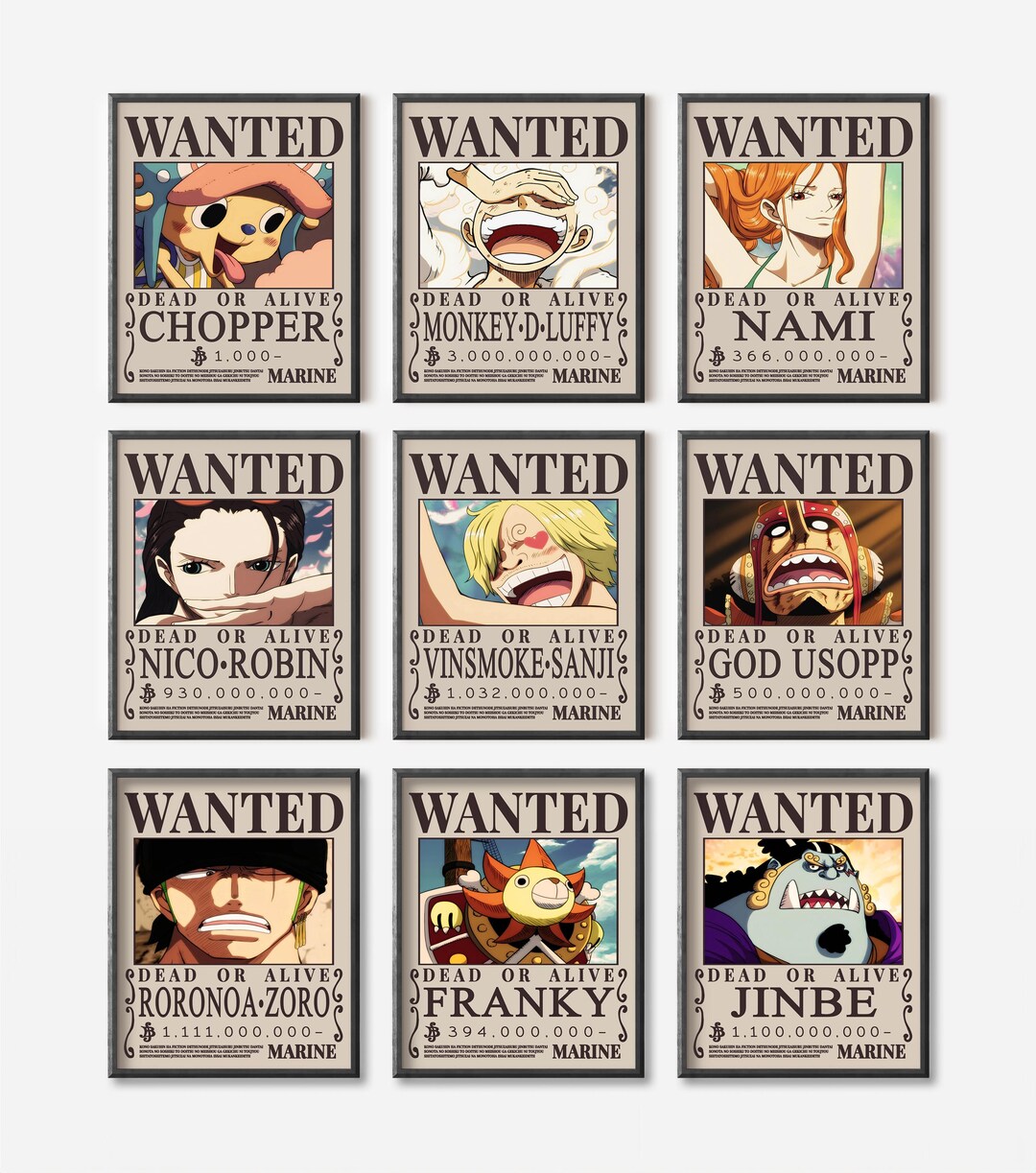 9 One Piece Wanted Posters Wall Art Set Featuring Iconic Pirate ...