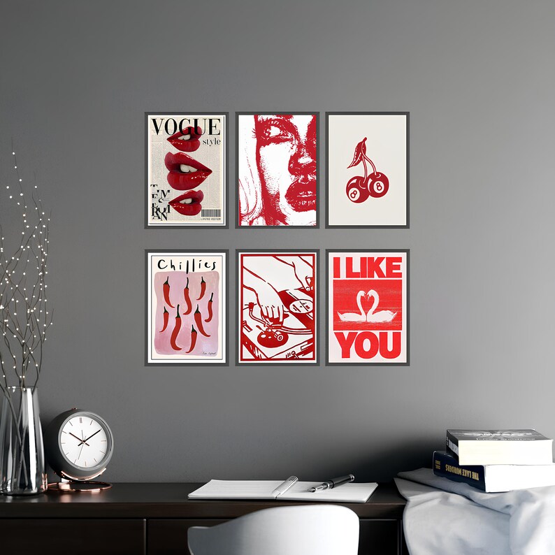 PRINTED 6 PCS Red Aesthetic Wall Poster Vintage Aesthetic Posters Red ...
