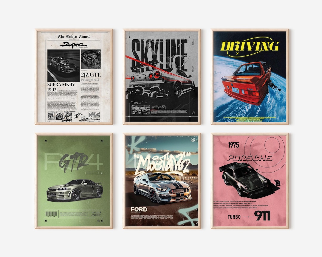 6 Car Posters Wall Art Set Featuring Classic & Sports Cars Perfect ...