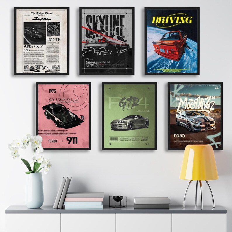 6 Car Posters Wall Art Set Featuring Classic & Sports Cars Perfect ...