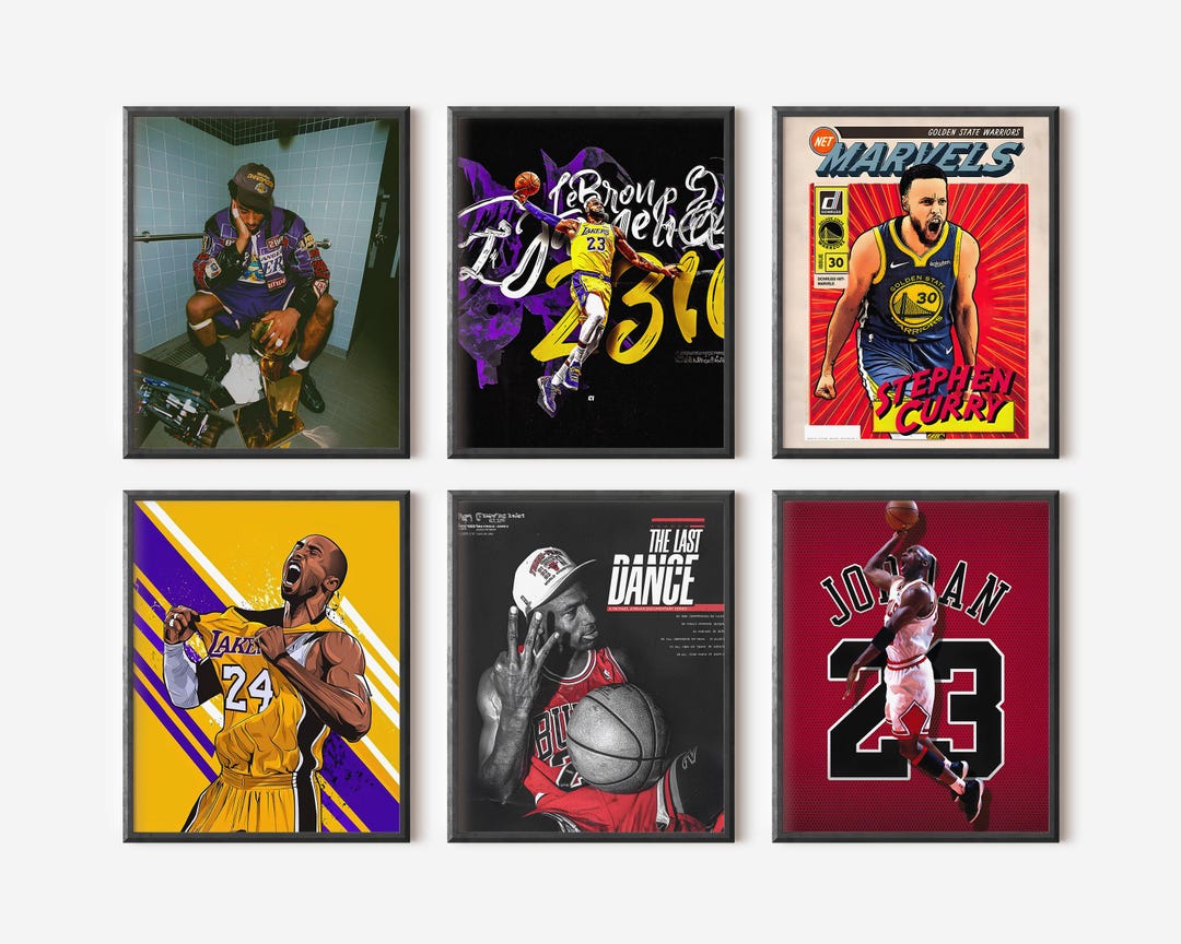 6 NBA Basketball Posters Wall Art Set Iconic Player Prints & Team Art ...