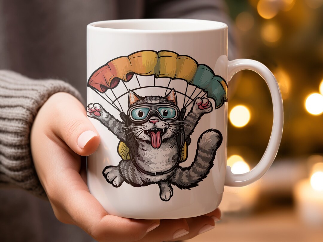 Funny Cat Skydiving Mug, Cute Parachuting Kitten Coffee Cup, Skydiver ...