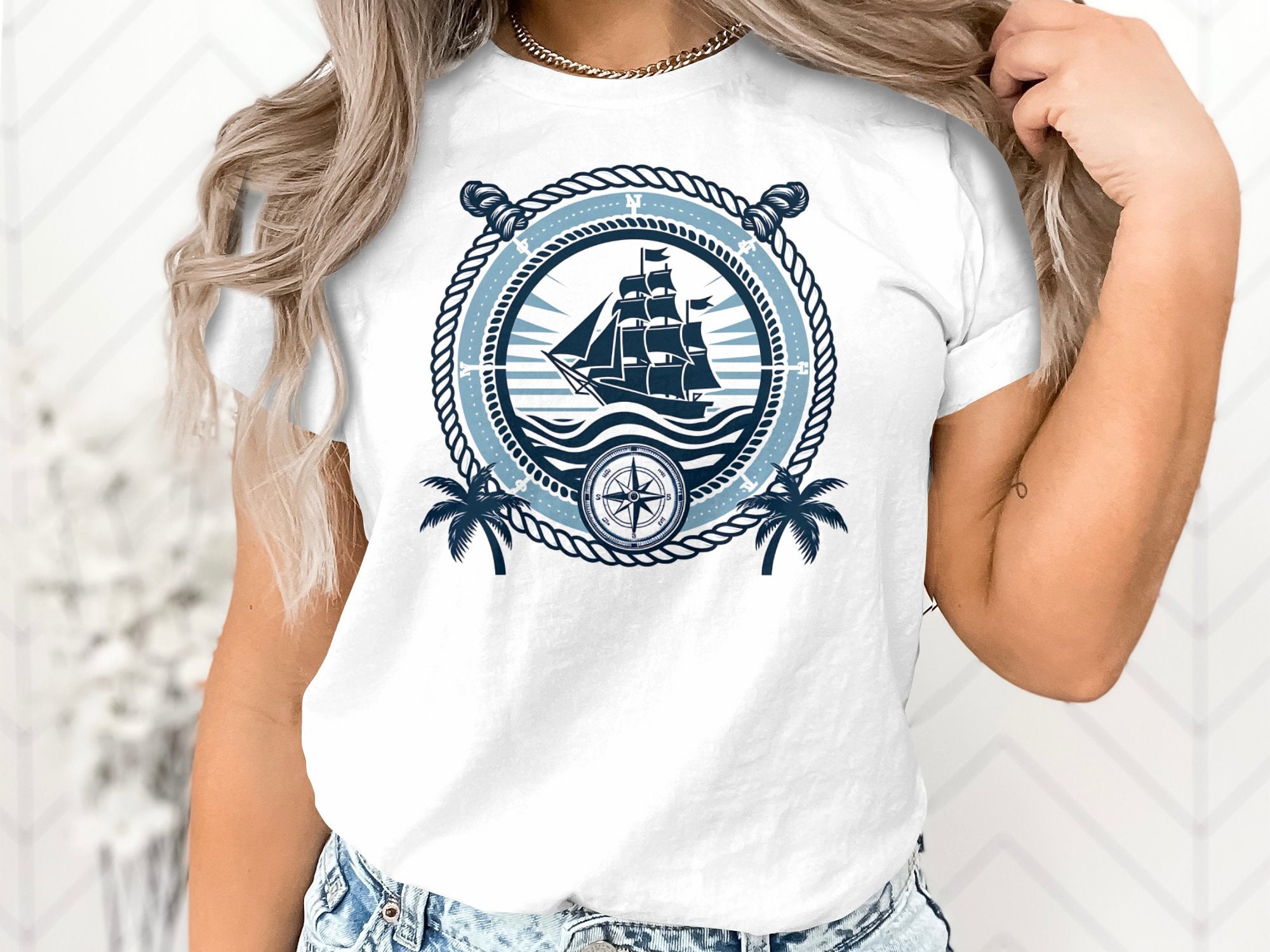 Nautical Ship and Compass Design T-shirt, Ocean Inspired Vintage ...